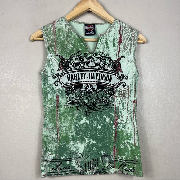 Harley-Davidson | Tops | Harley Davidson Green Y2k Bedazzled Tank Top ...